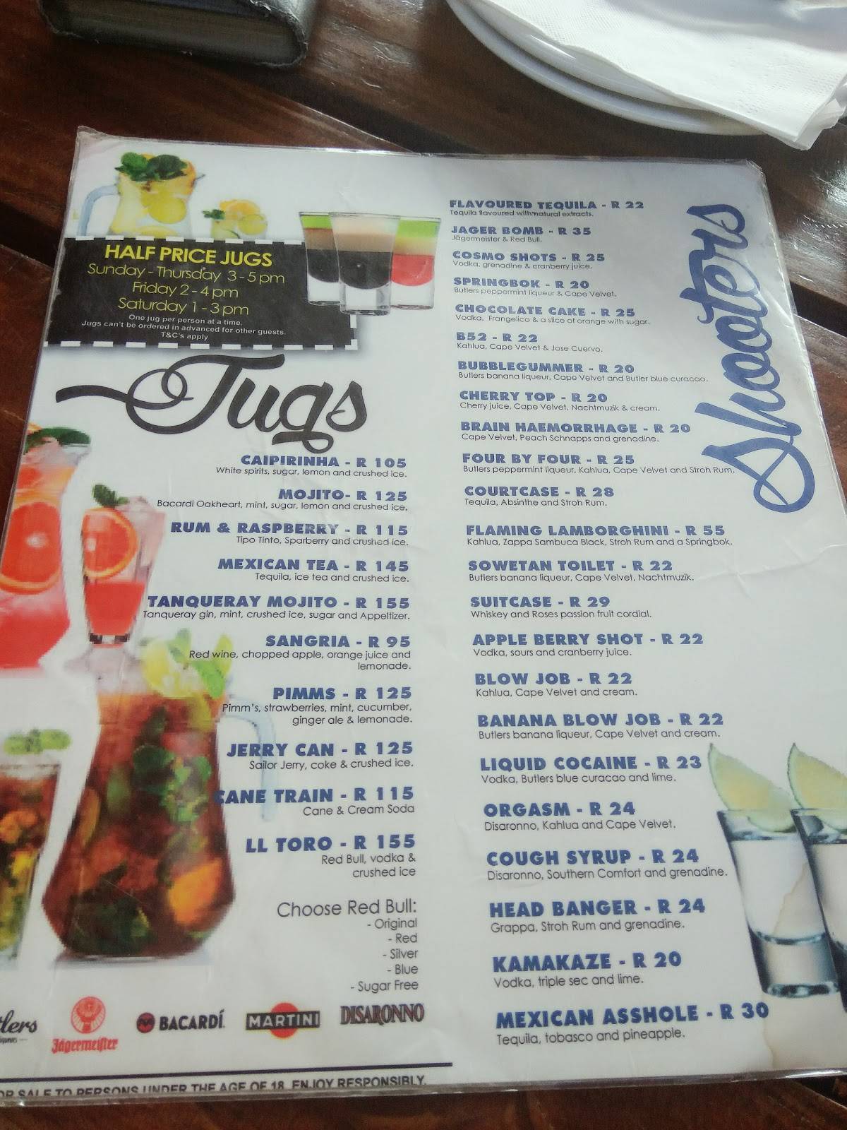 Menu at Topo Gigio restaurant, Johannesburg