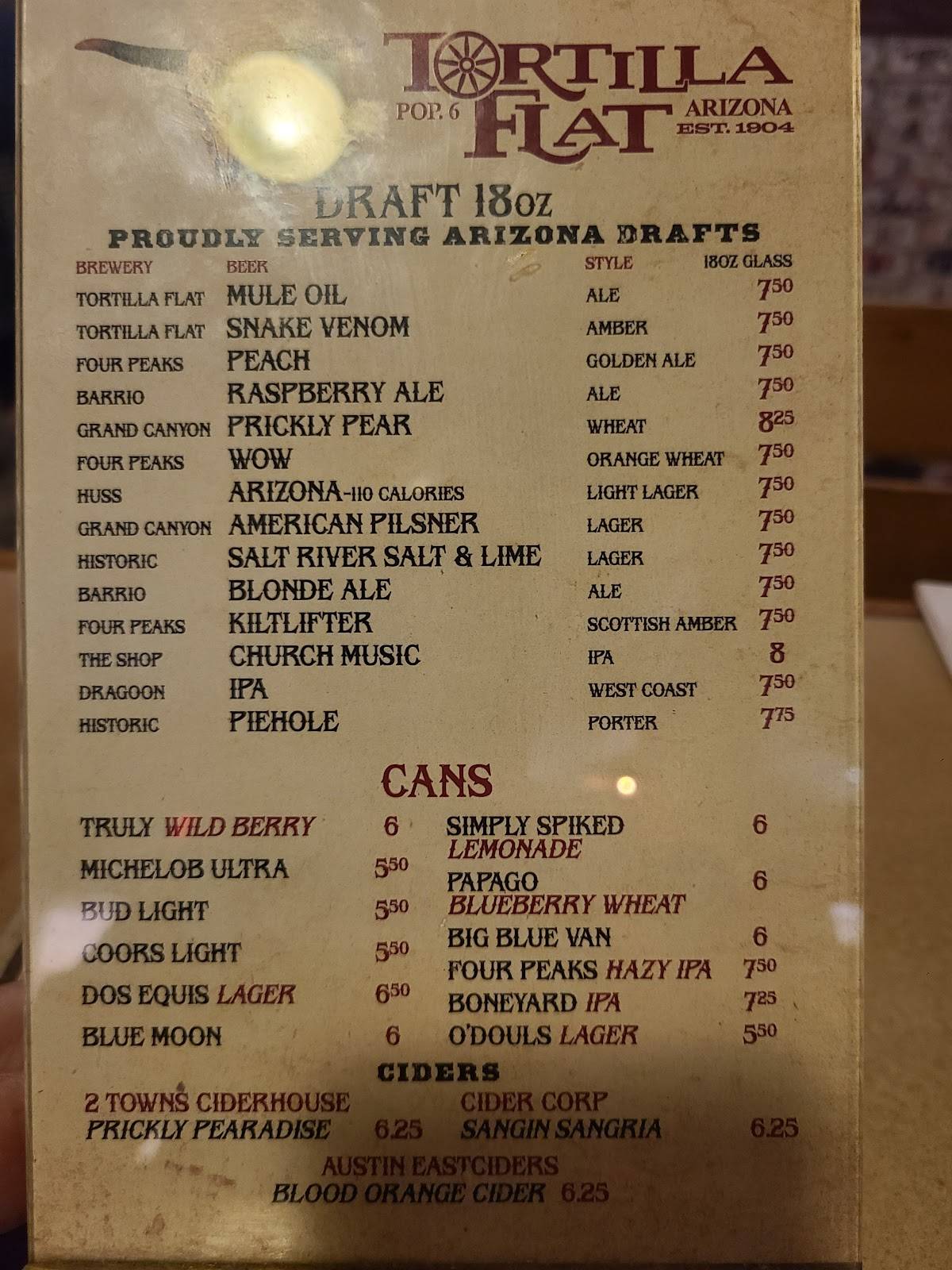 Menu at Tortilla Flat Saloon restaurant, Tortilla Flat, 1 Main Street