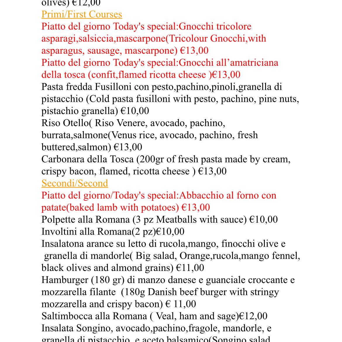 Speisekarte von Tosca - Trattoria Pinseria restaurant, ROM