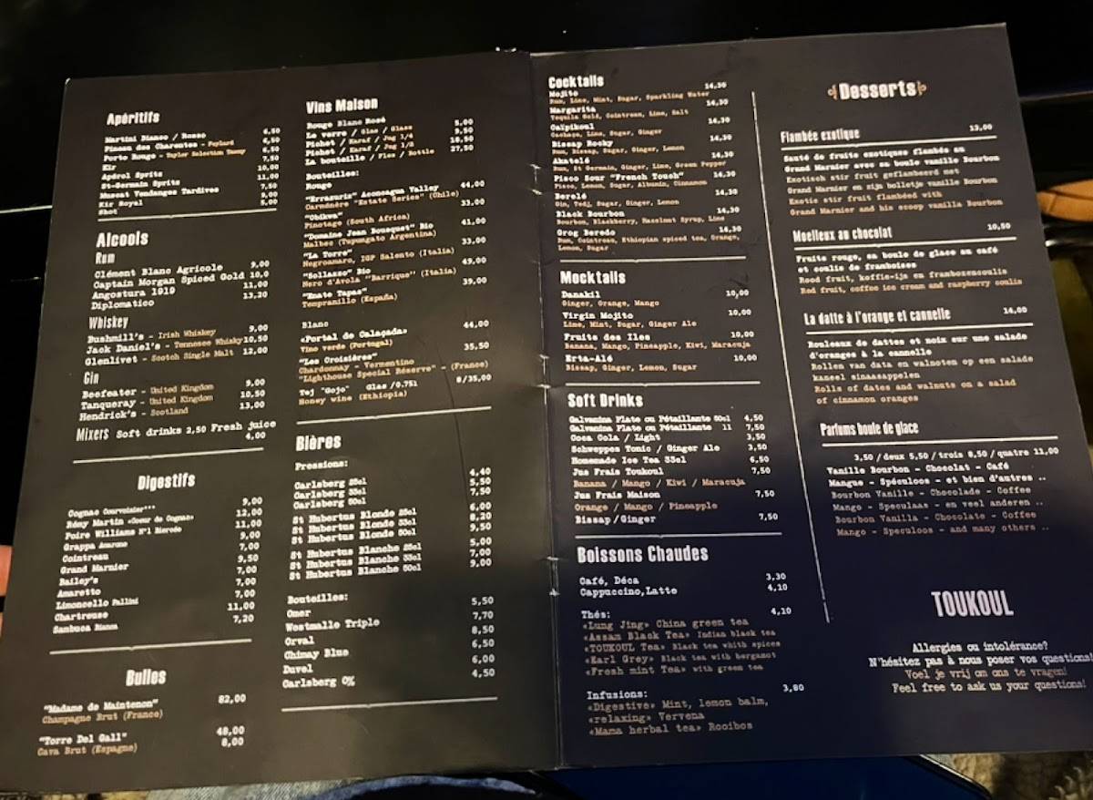 Menu au Toukoul, Bruxelles, Rue de Laeken 34