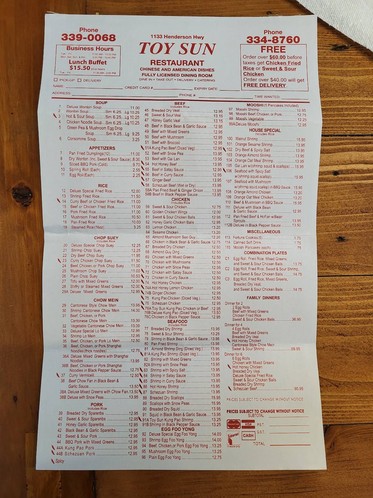 Menu at Toy Sun Restaurant, Winnipeg