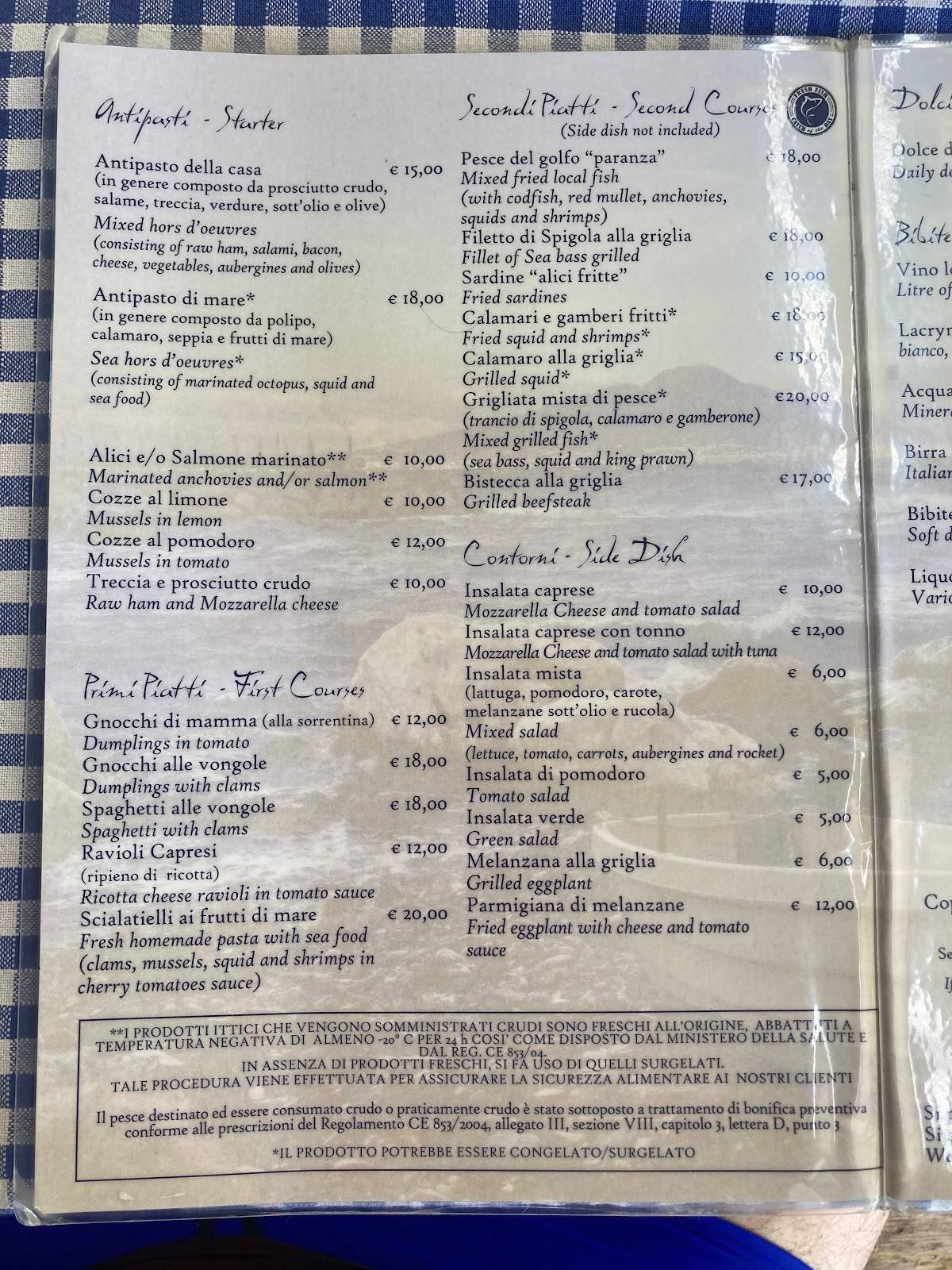 Menu at Trattoria Da Emilia restaurant, Sorrento
