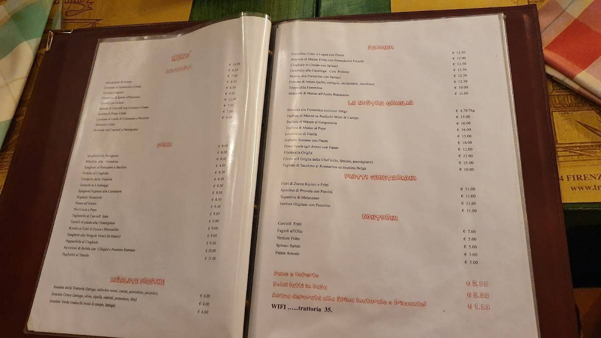 Menu at Trattoria Dell'Orto restaurant, Florence, Via dell'Orto