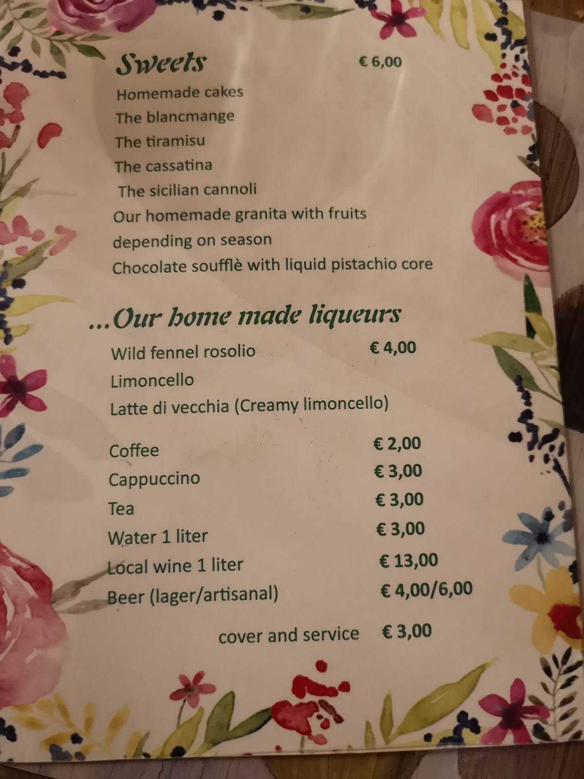 Menu at Trattoria La Foglia restaurant, Syracuse