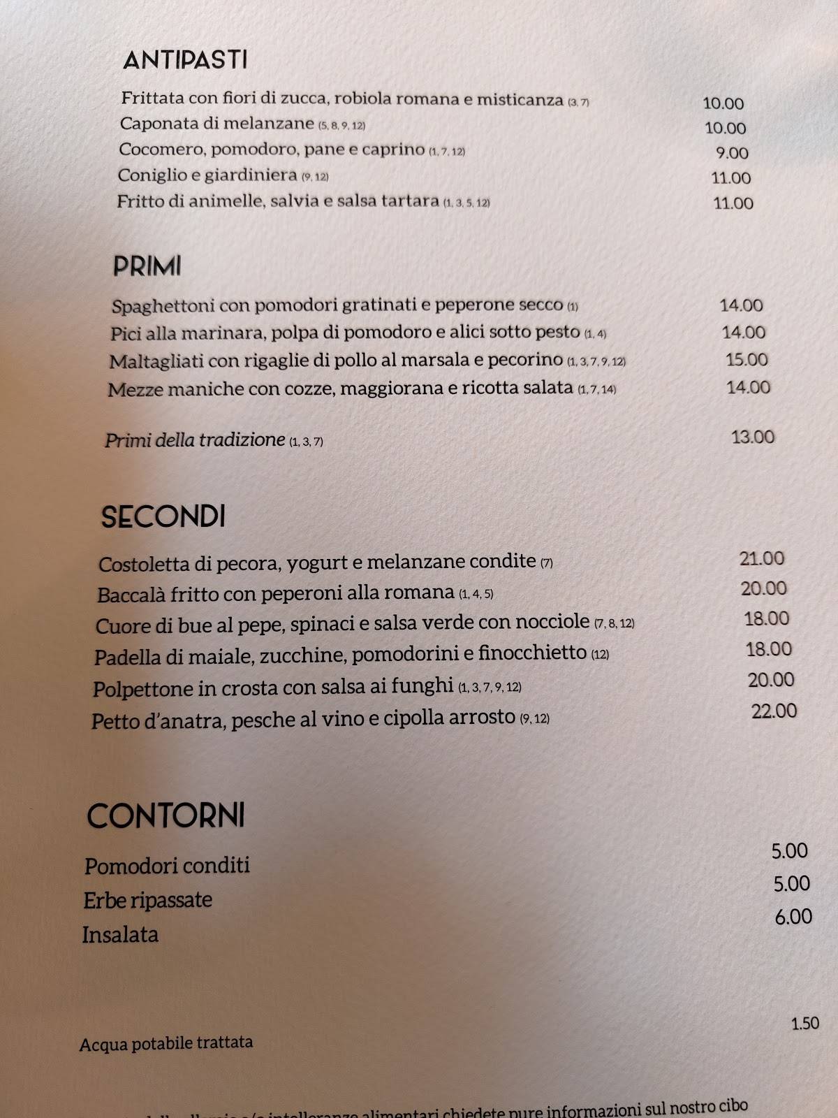 Menu at Trattoria Pennestri restaurant, Rome
