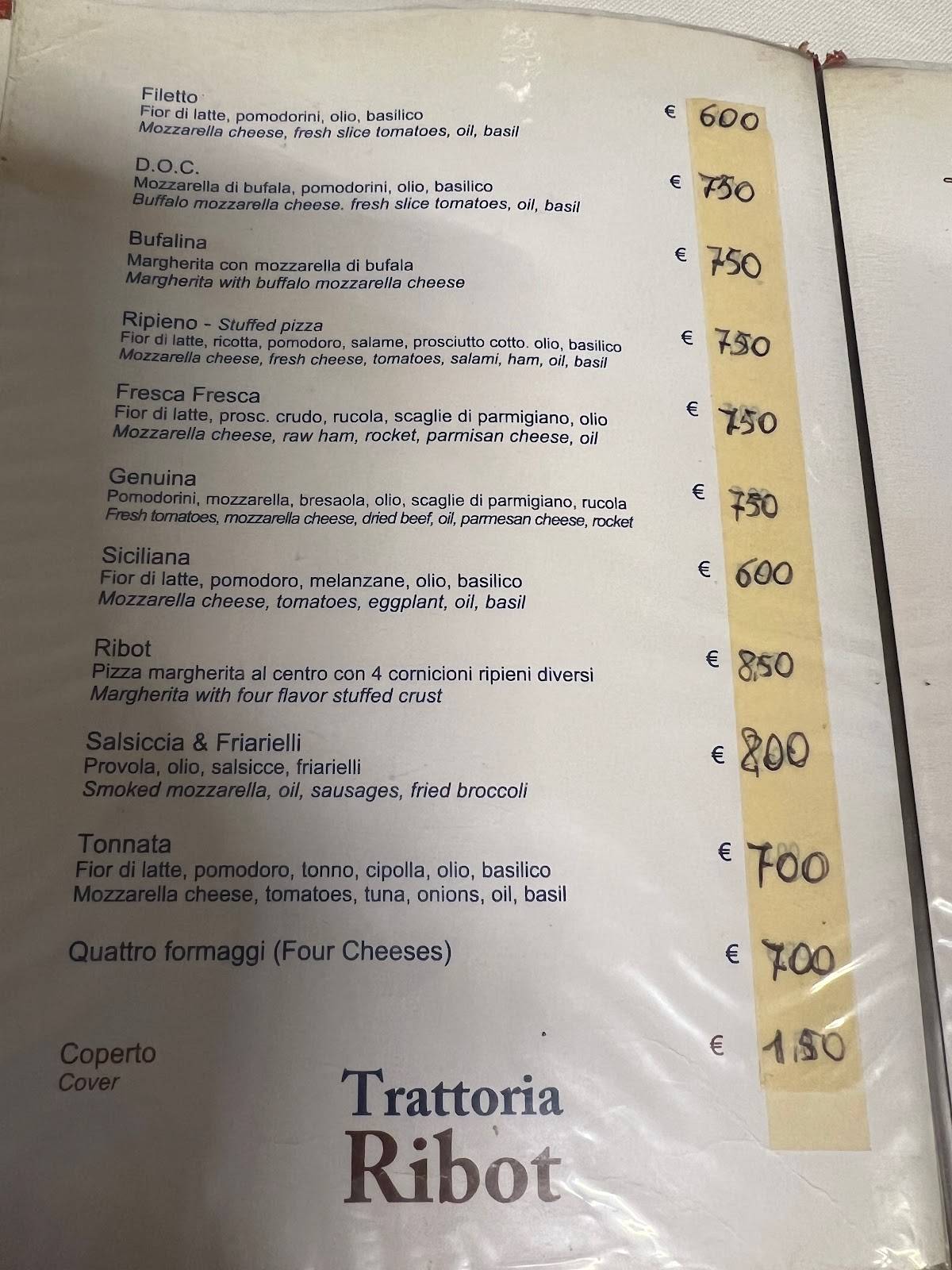 Menu at Trattoria Ribot pizzeria, Lago Patria