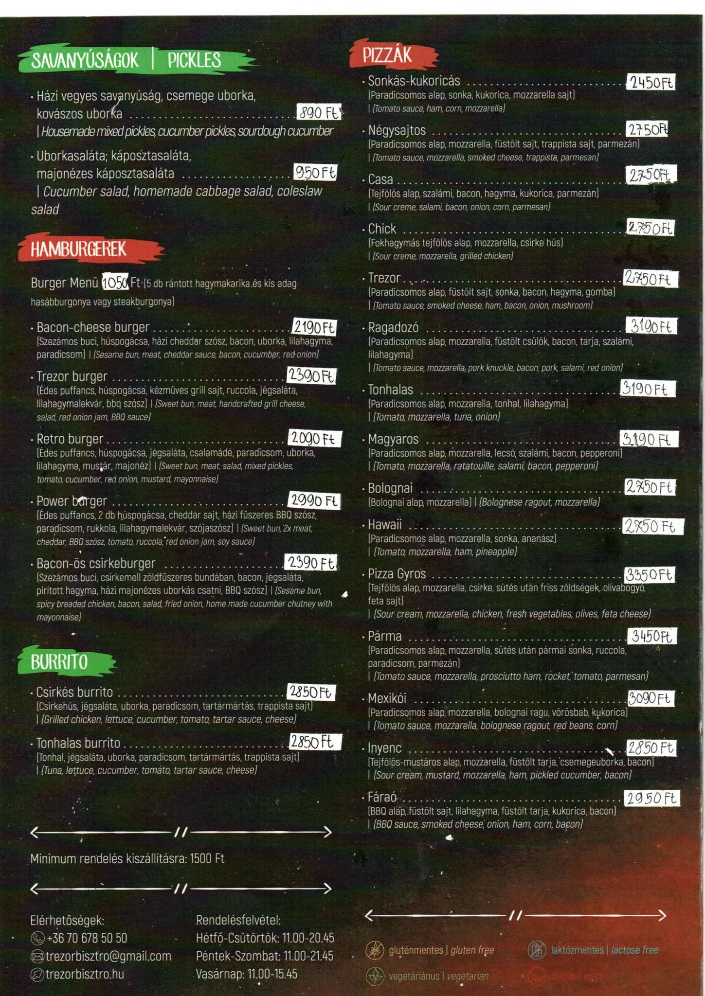 Menu at Trezor Bisztró restaurant, Iváncsa