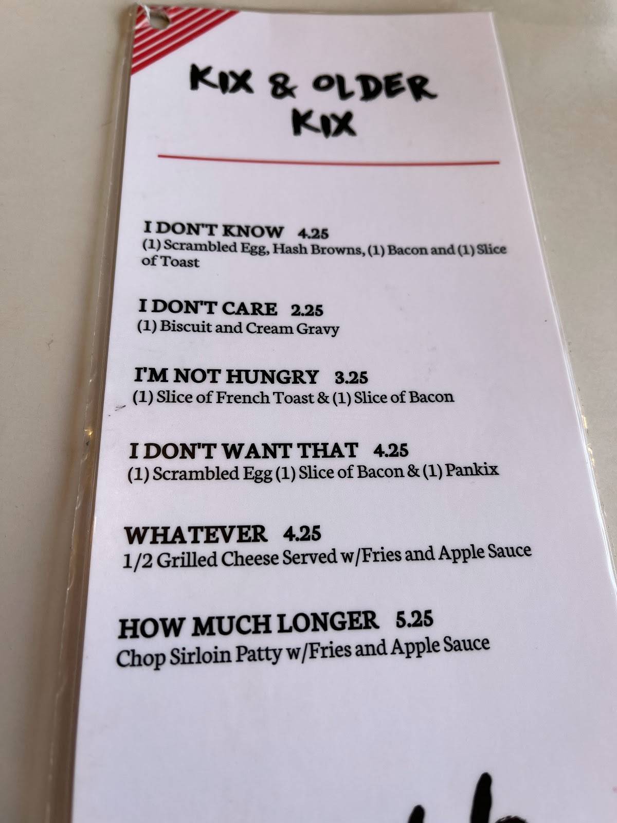 Menu at Kix On 66 restaurant, Tucumcari
