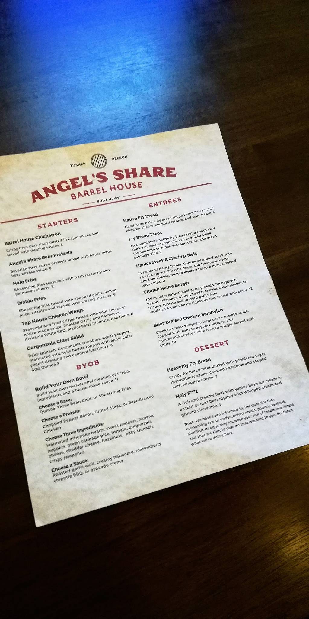 Menu at Angel's Share Barrel House, Turner