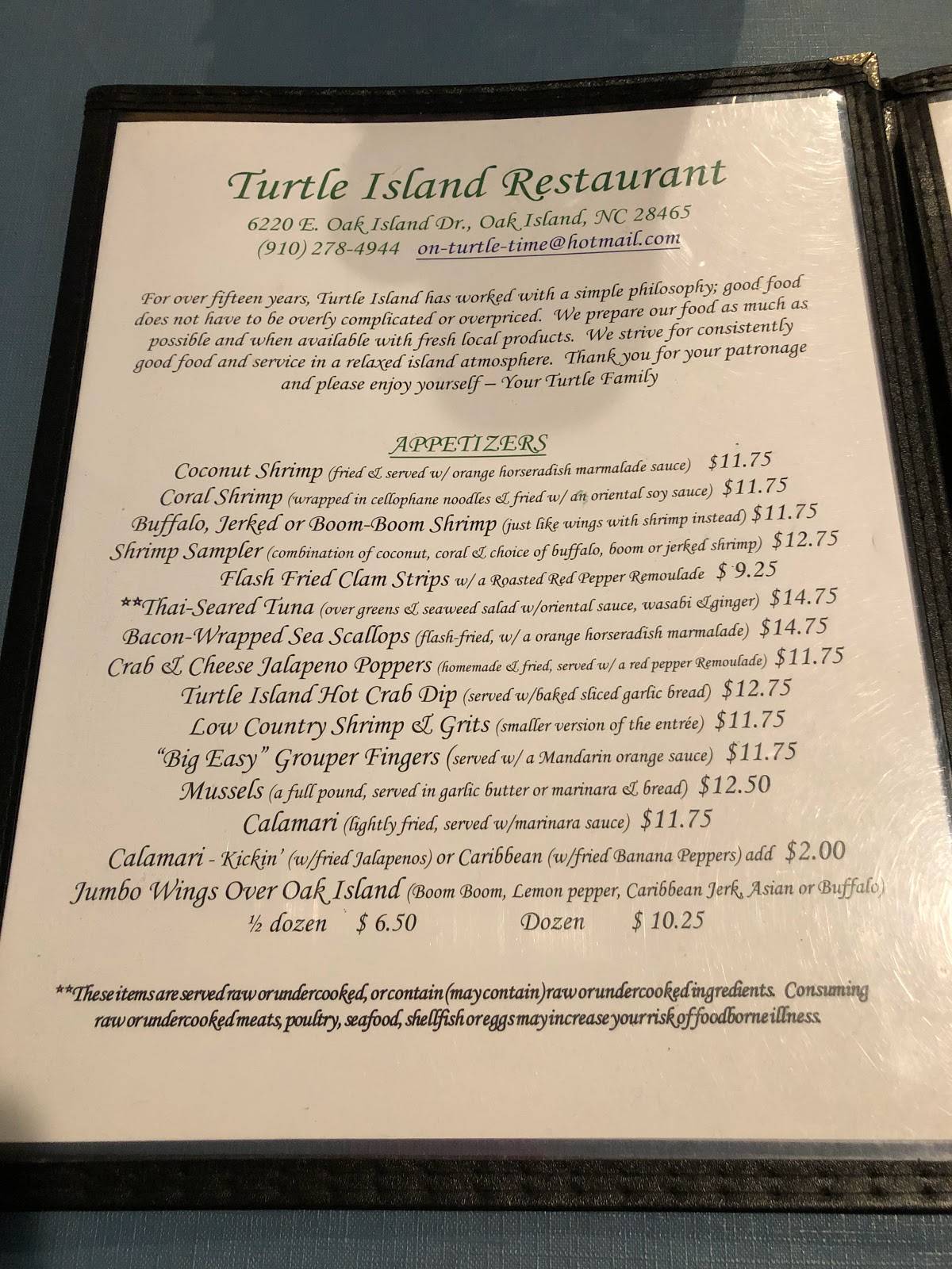 Menu at Turtle Island Restaurant, Oak Island