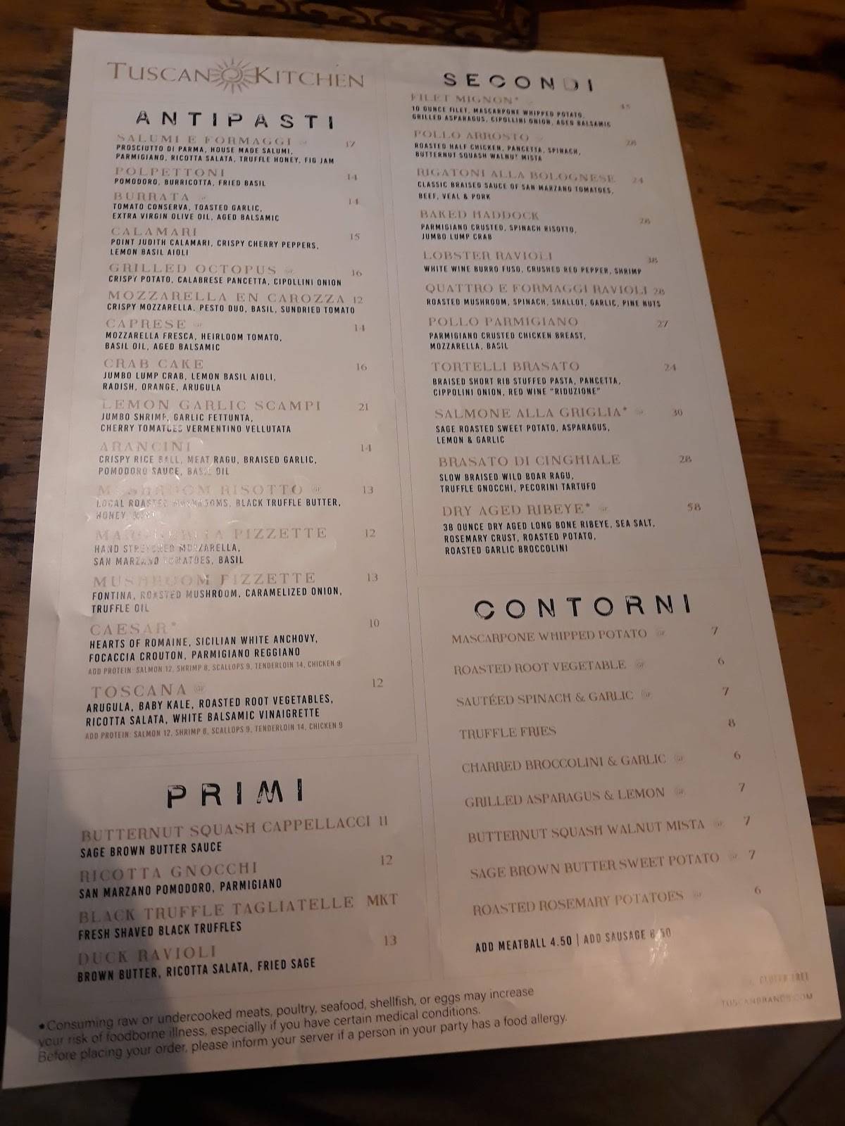 Menu at Tuscan Kitchen restaurant, Burlington, District Ave