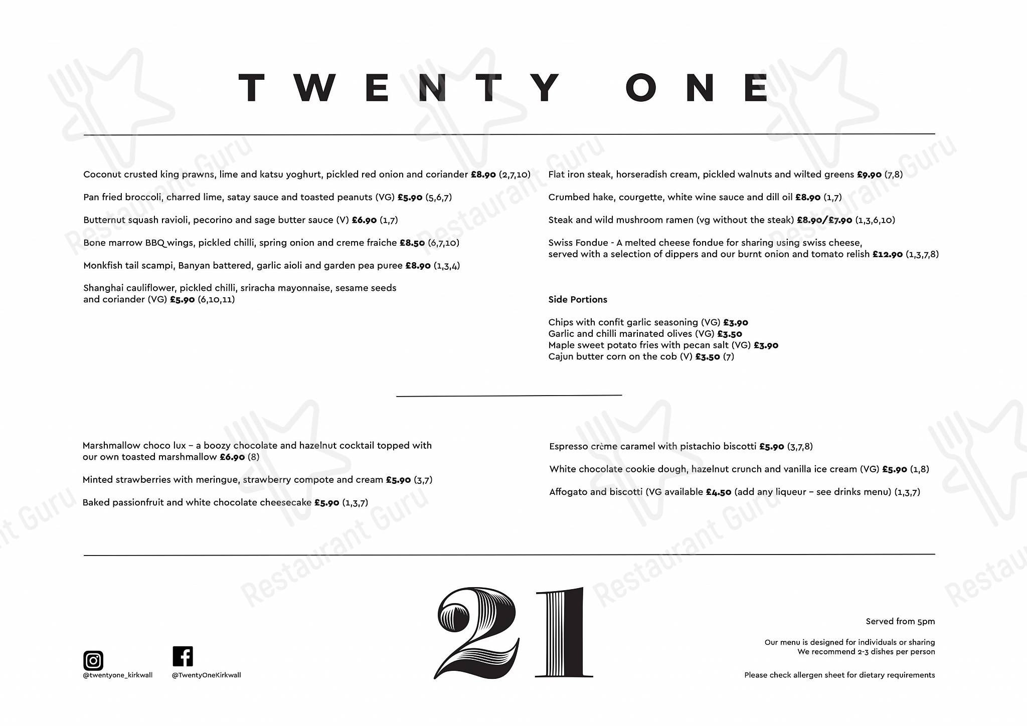 Menu at Twenty One restaurant, Kirkwall