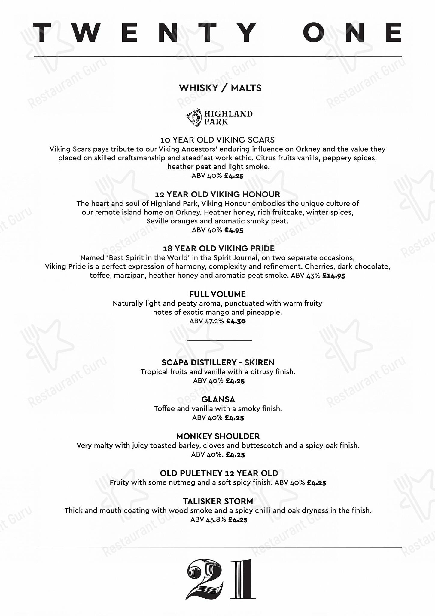 Menu at Twenty One restaurant, Kirkwall
