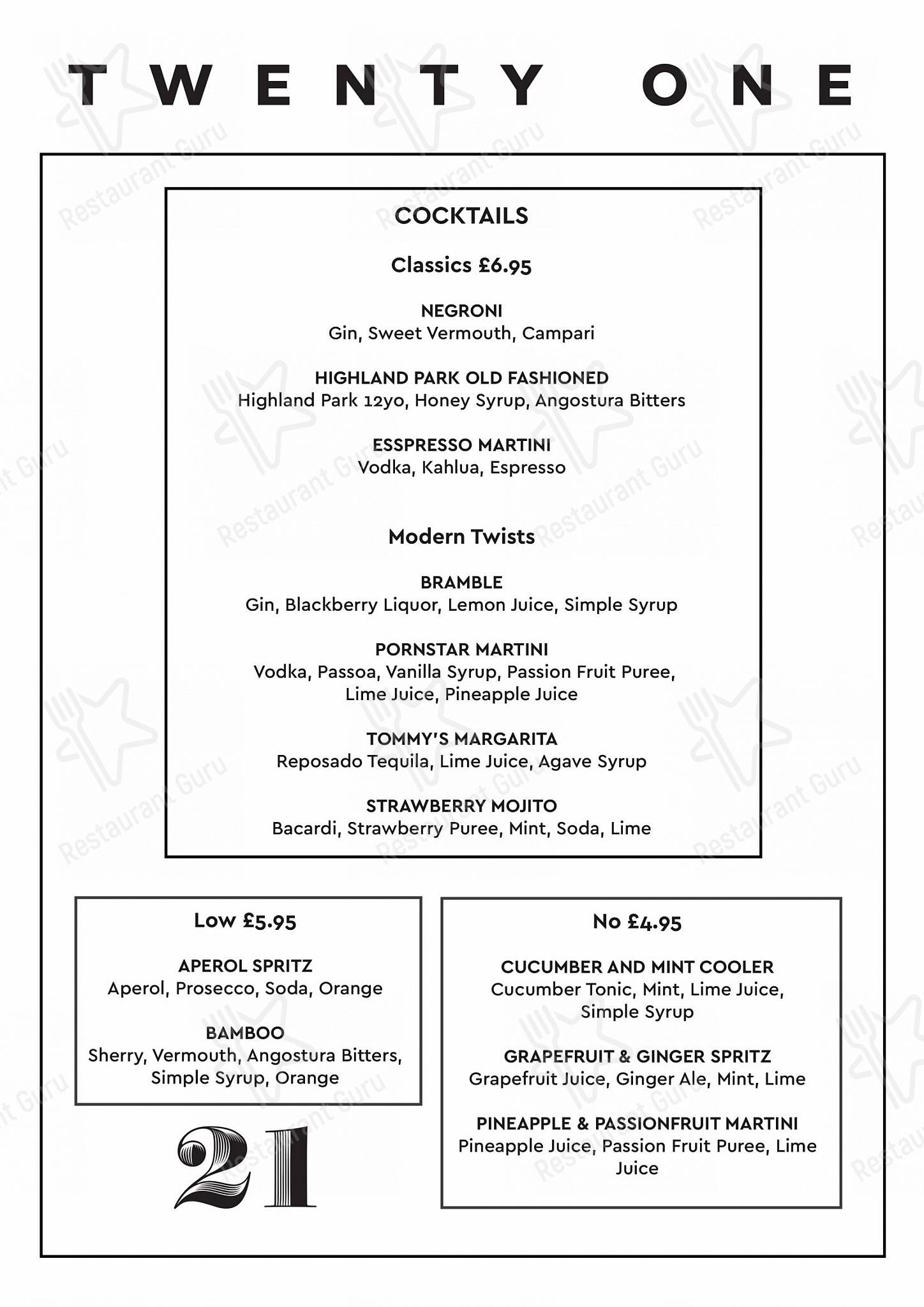 Menu at Twenty One restaurant, Kirkwall
