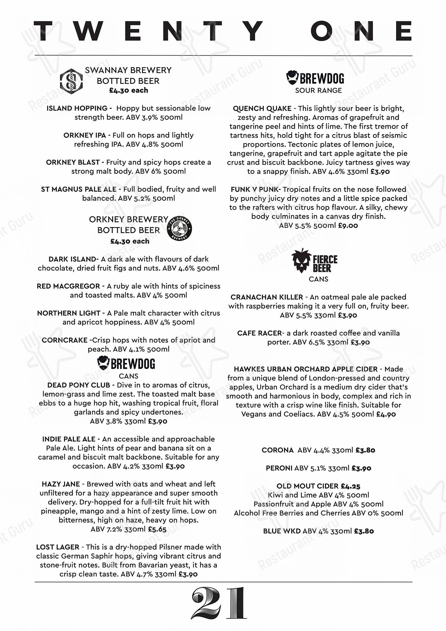 Menu at Twenty One restaurant, Kirkwall