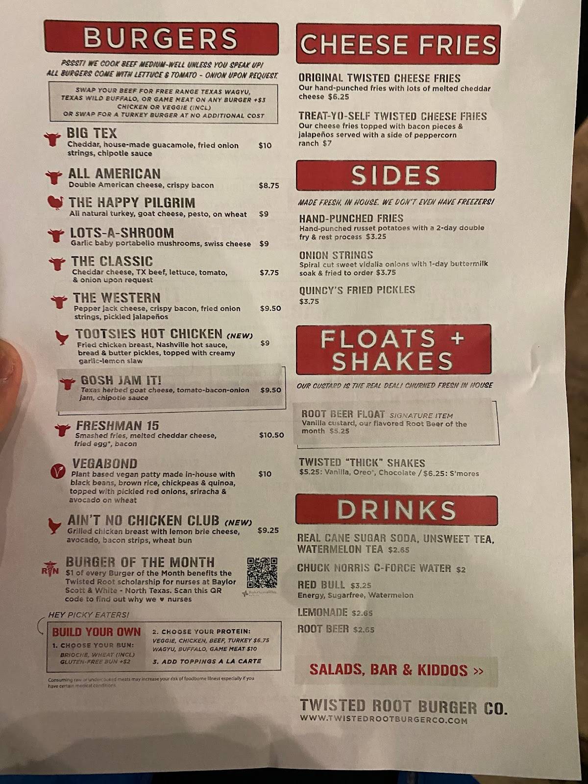 Menu at Twisted Root Burger Co. restaurant, Waco