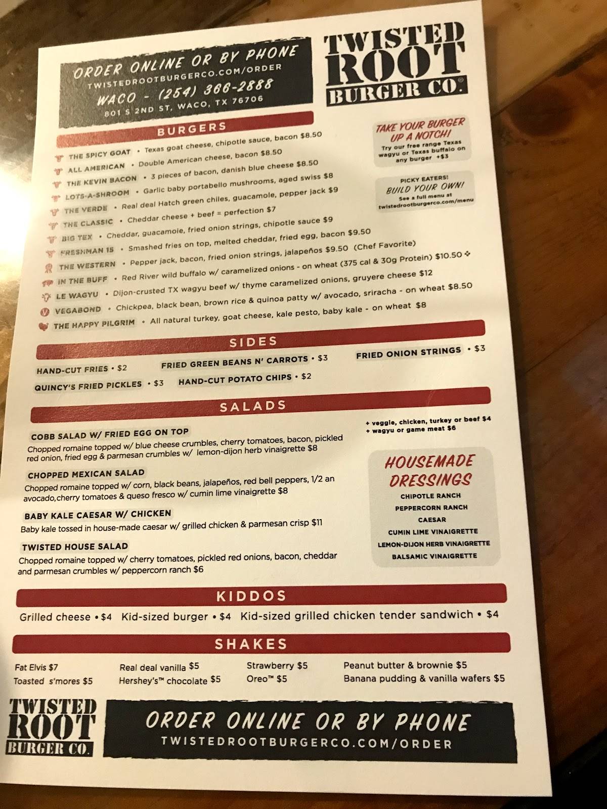 Menu at Twisted Root Burger Co. restaurant, Waco