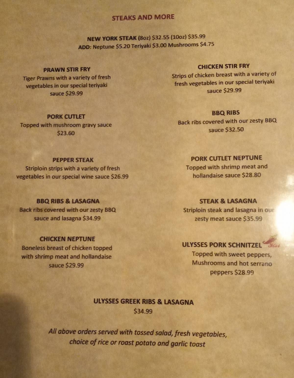 Menu at Ulysses Restaurant, Quesnel