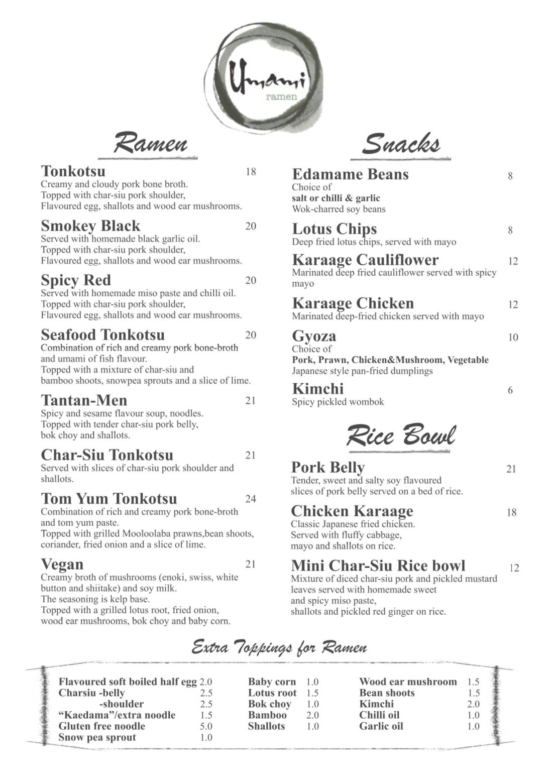 Menu at Umami Ramen restaurant, Maroochydore