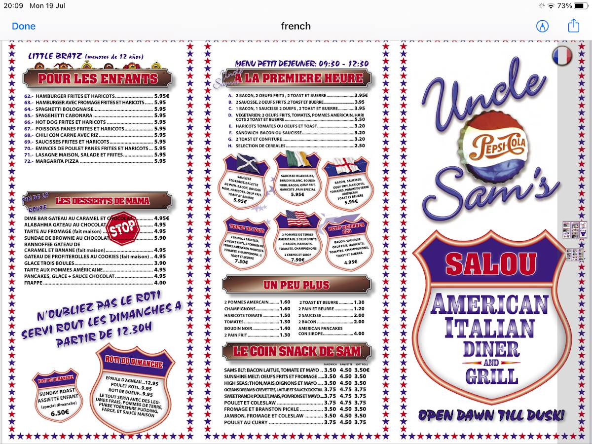 Menu at Uncle Sam's steakhouse, Salou
