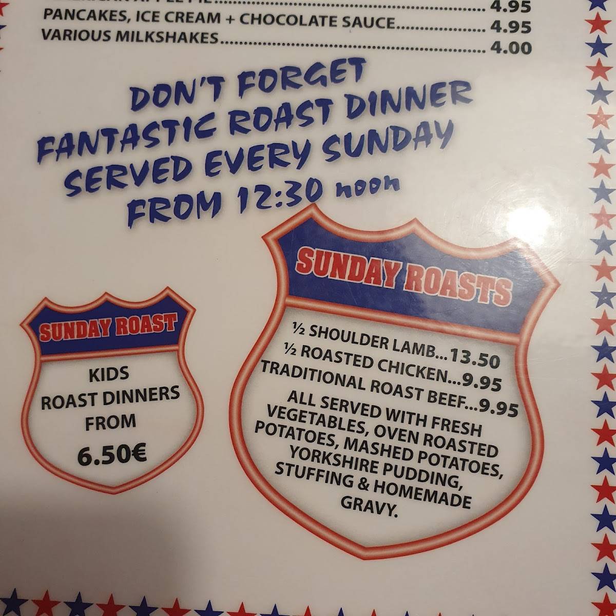 Menu at Uncle Sam's steakhouse, Salou