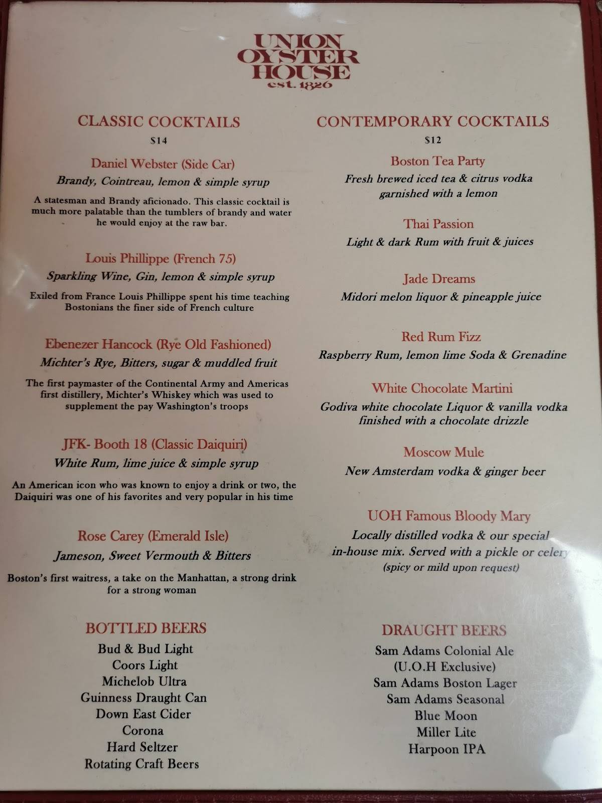 Menu at Union Oyster House restaurant, Boston