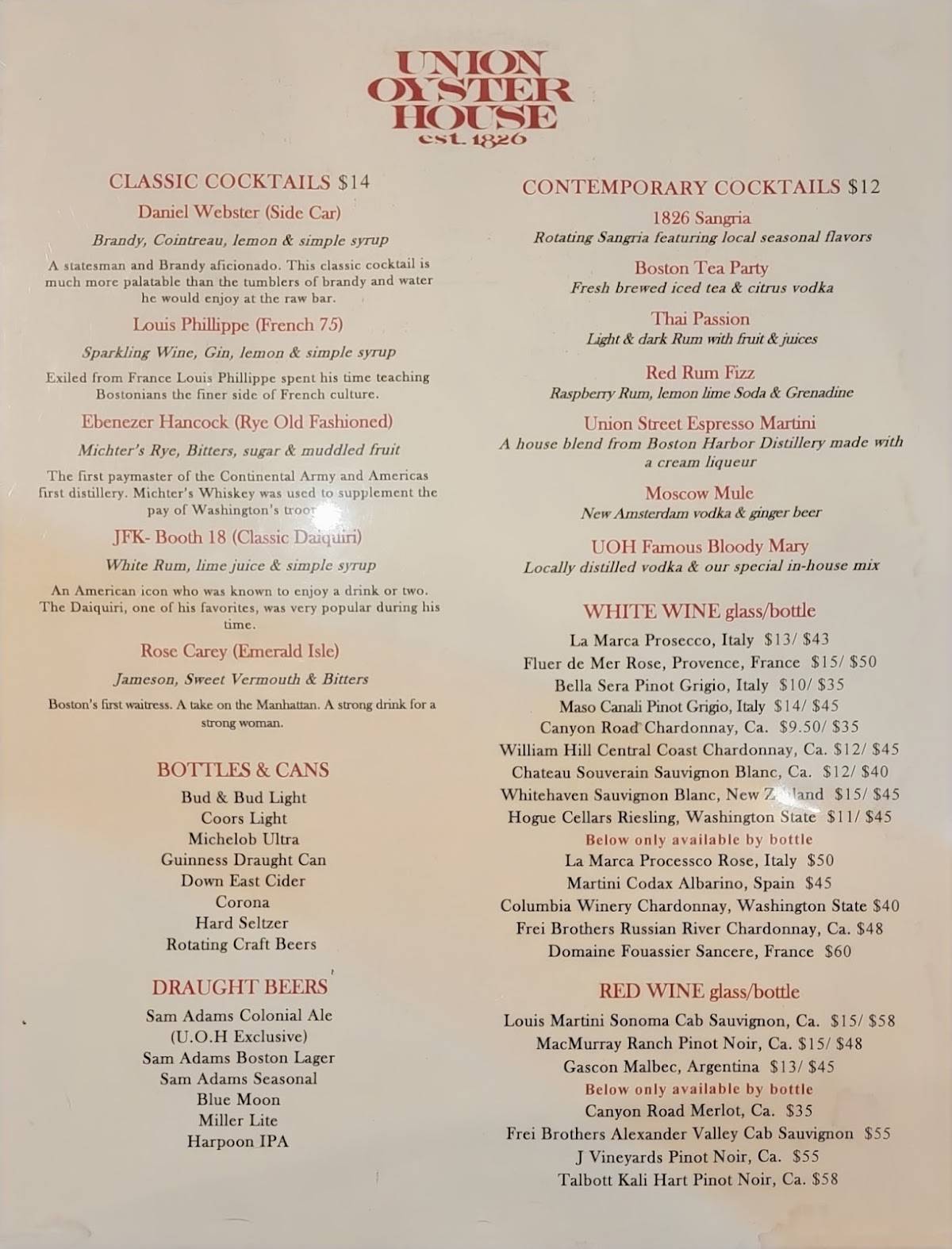 Menu at Union Oyster House restaurant, Boston