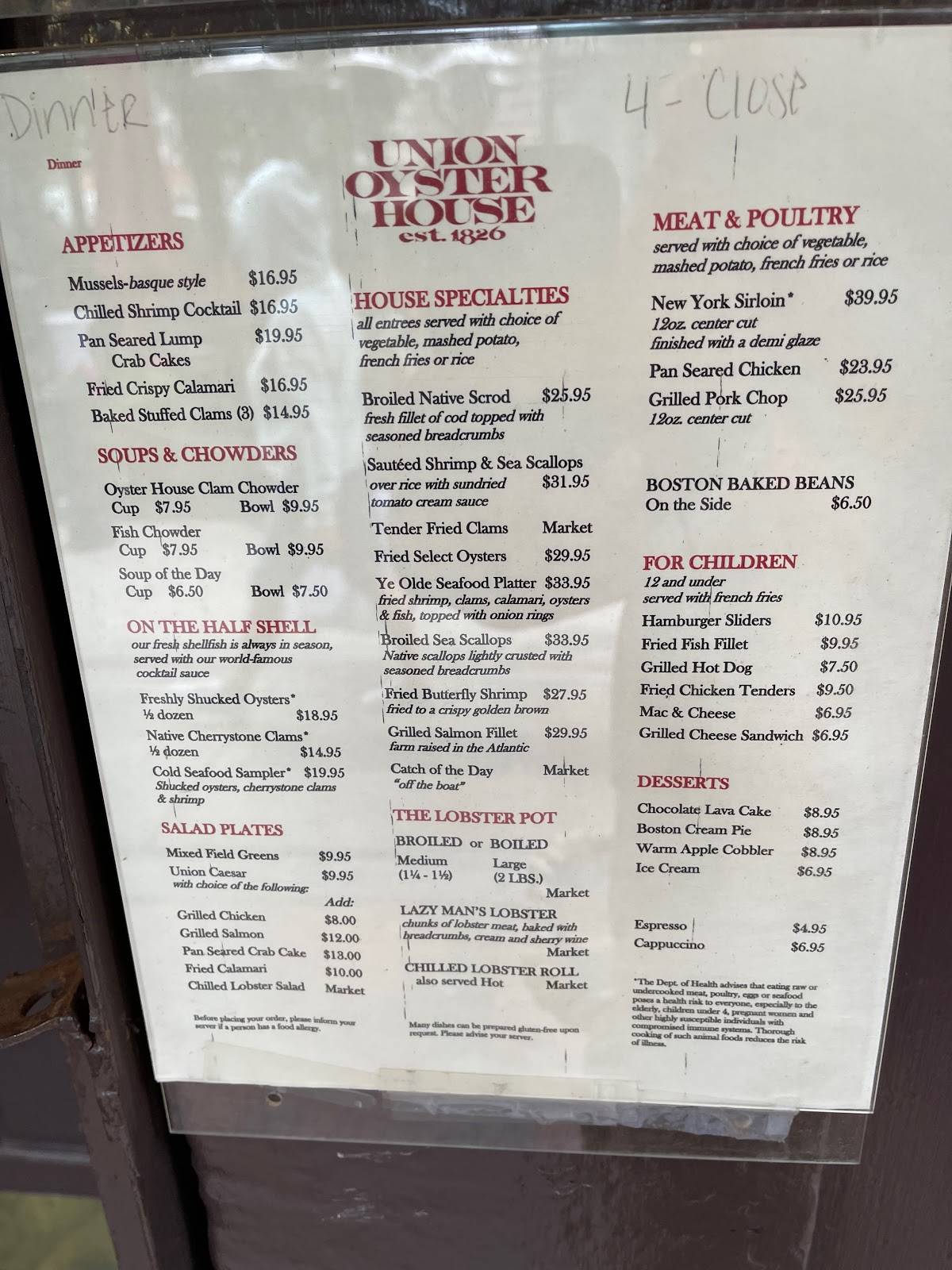 Menu at Union Oyster House restaurant, Boston