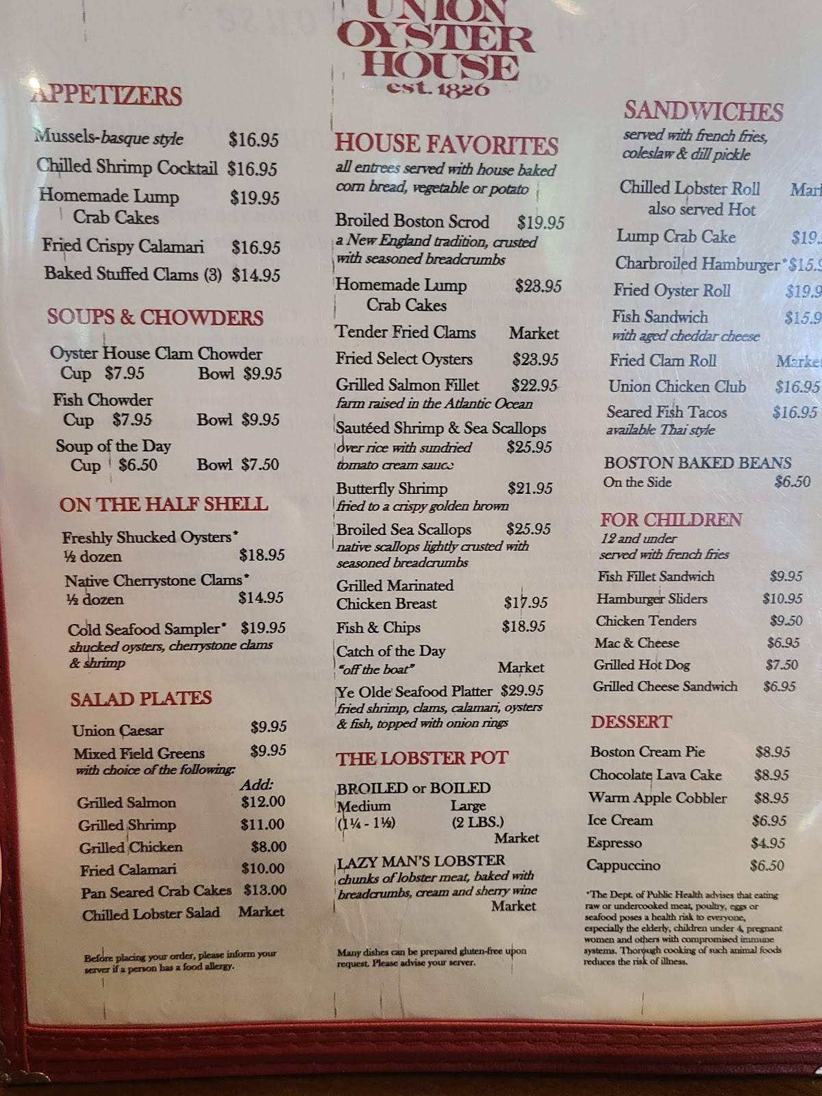 Menu at Union Oyster House restaurant, Boston