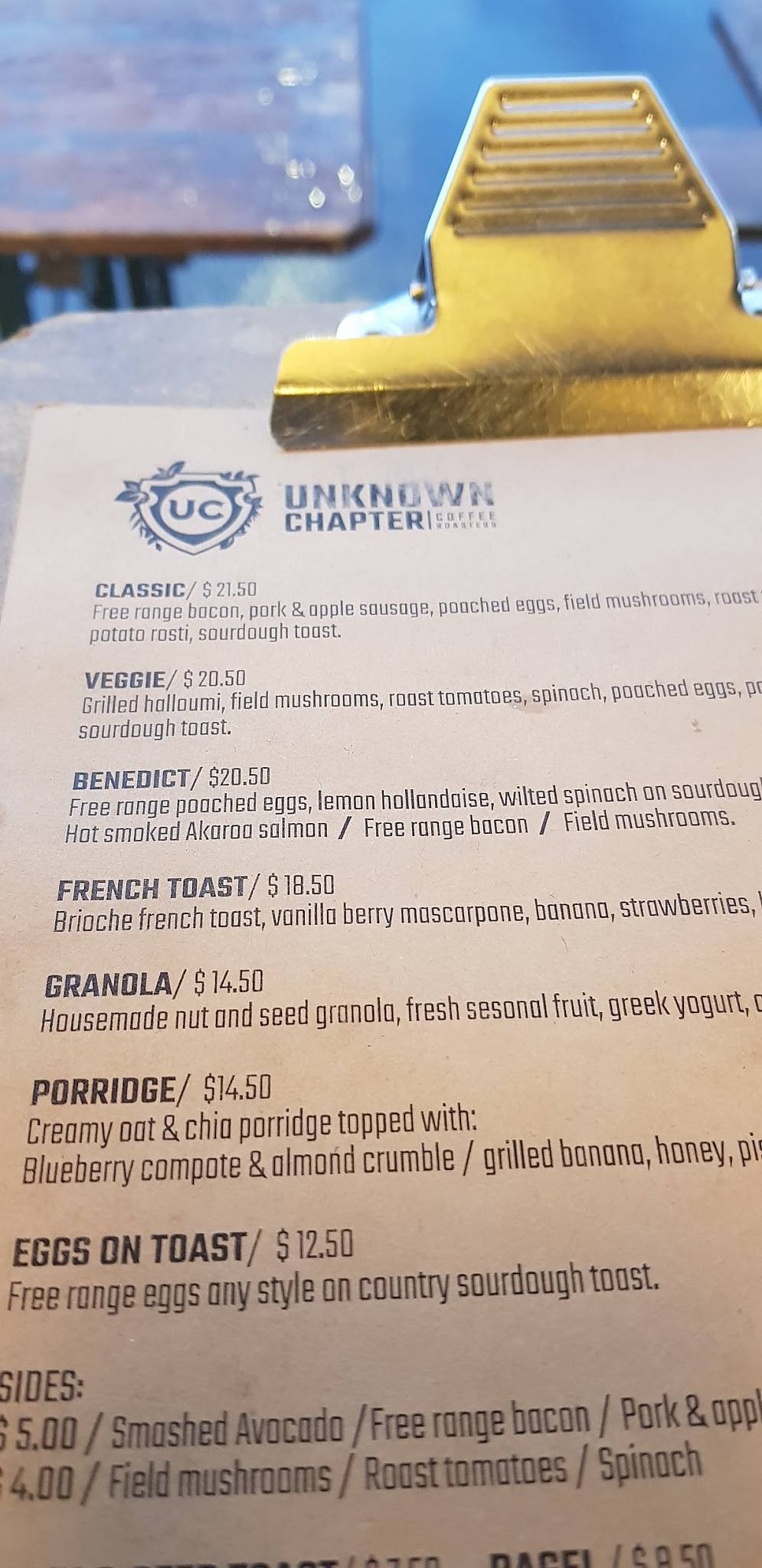 Menu at Unknown Chapter Coffee Roasters cafe, Christchurch