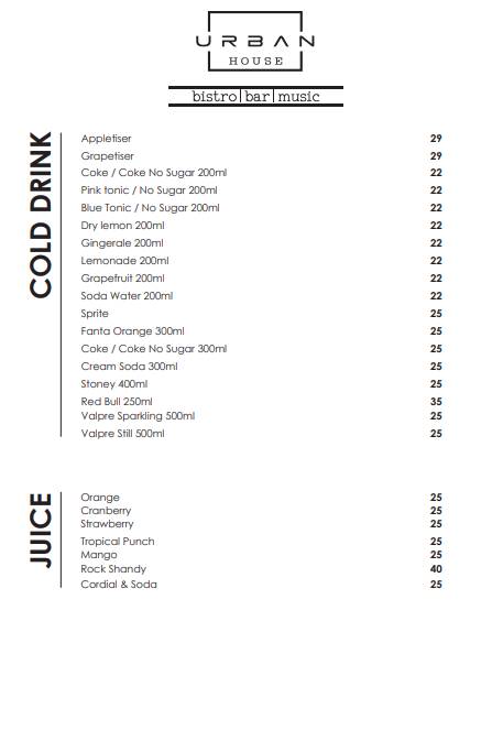 Menu at Urban House restaurant, Nelspruit