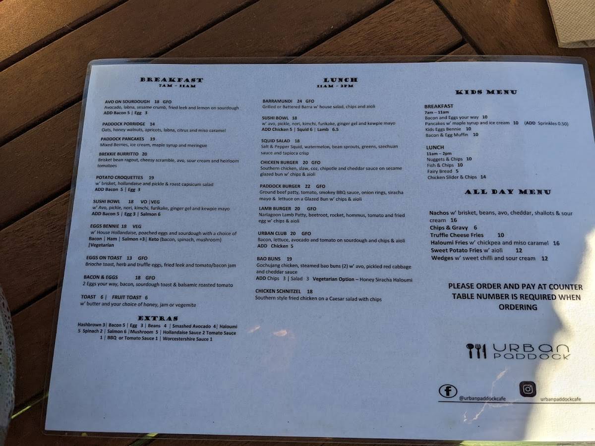 Menu at Urban Paddock Cafe, Dalby