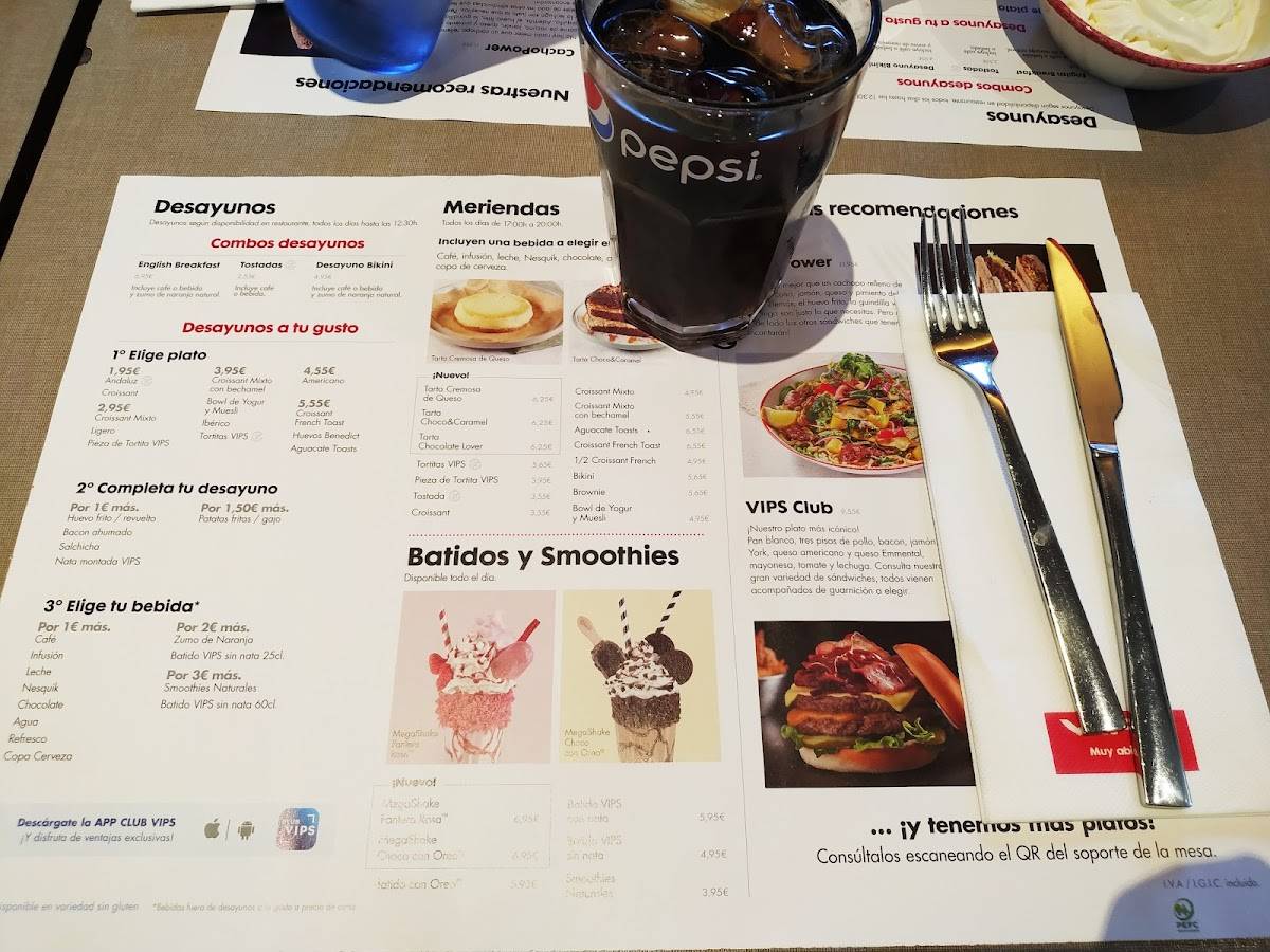 Carta del restaurante VIPS, Madrid, Calle Clara del Rey