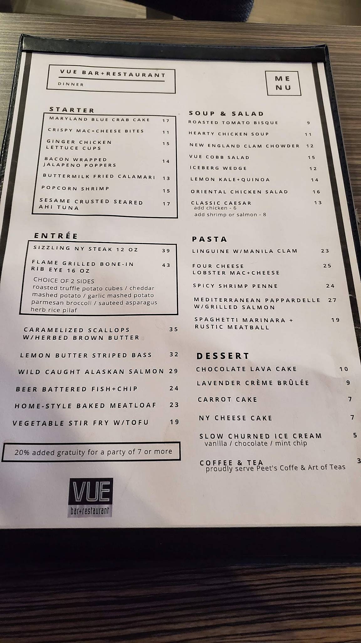 Menu at VUE Bar + Restaurant, Long Beach