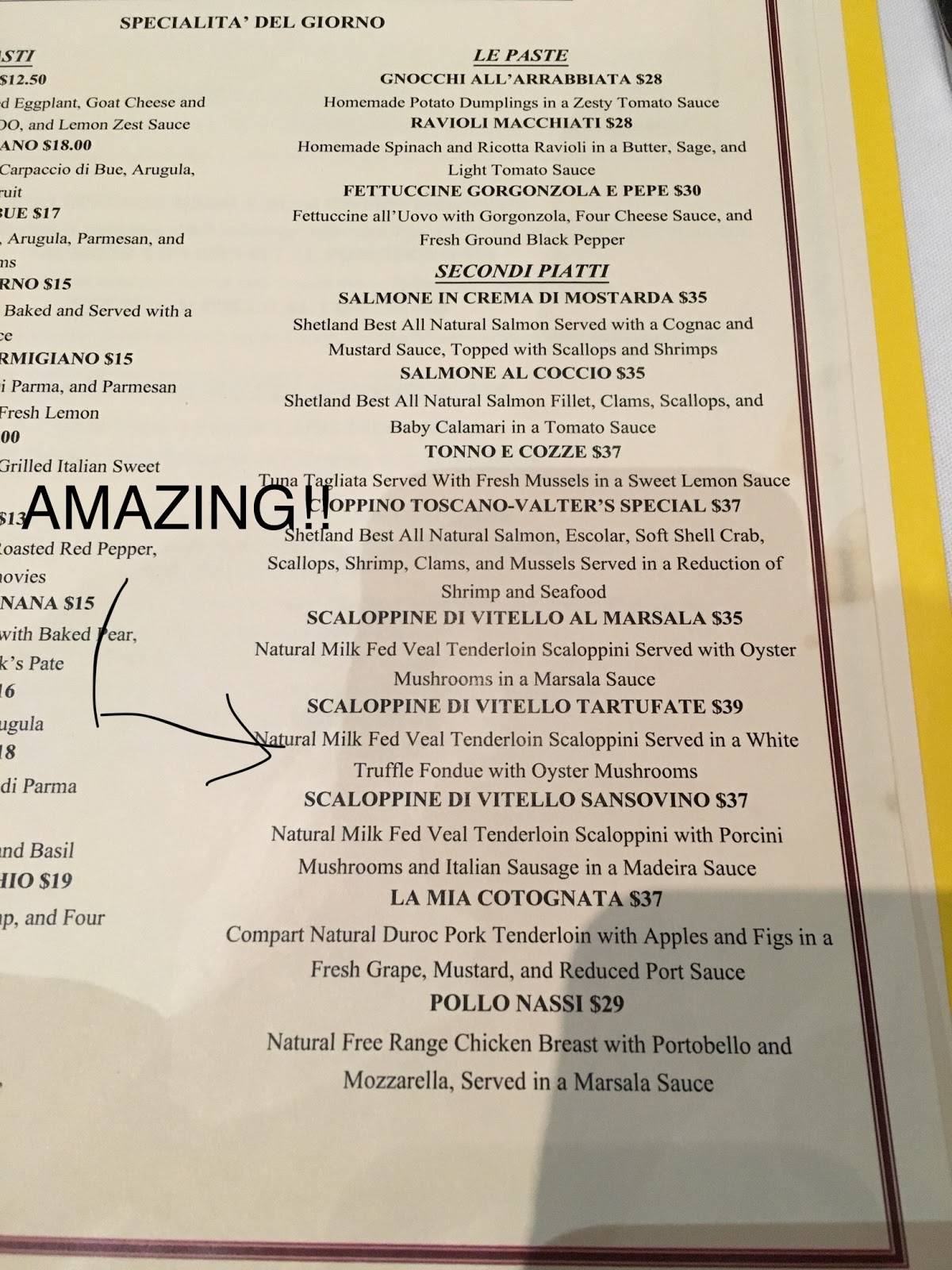Menu at Valter's Osteria restaurant, Salt Lake City