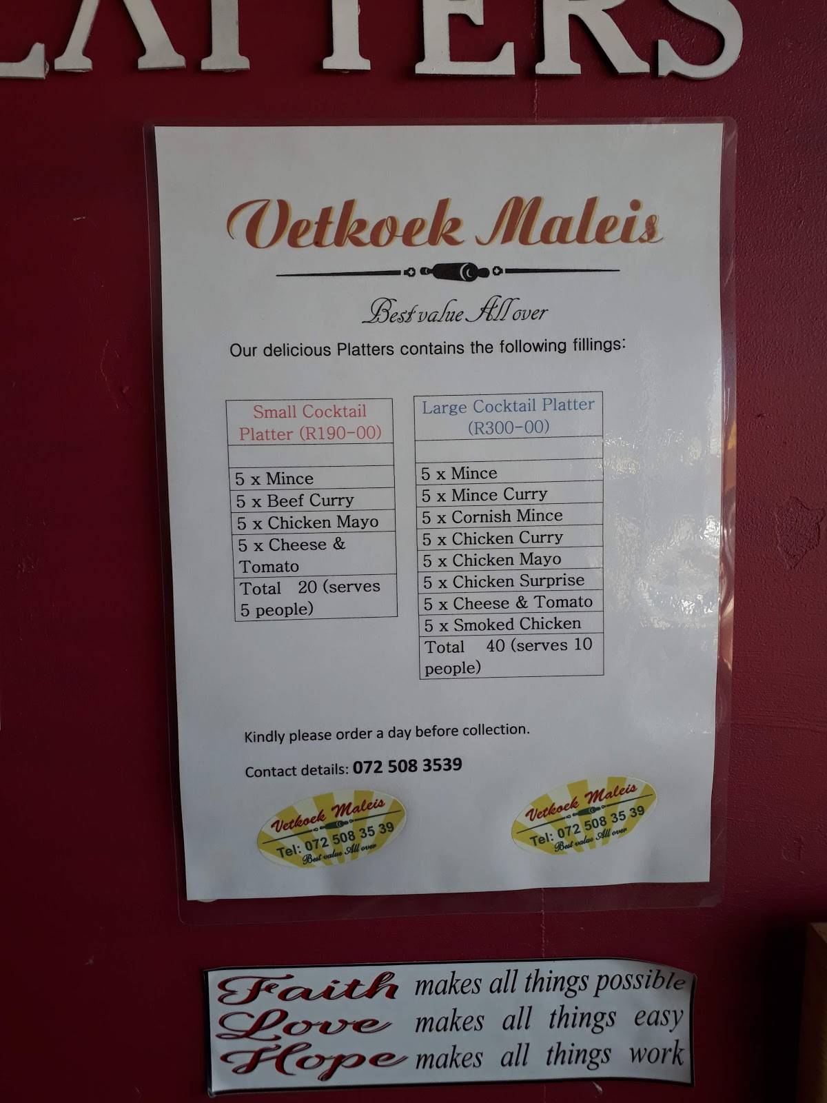 Menu at Vetkoek Maleis Centurion restaurant, Centurion, 9 Jakaranda St
