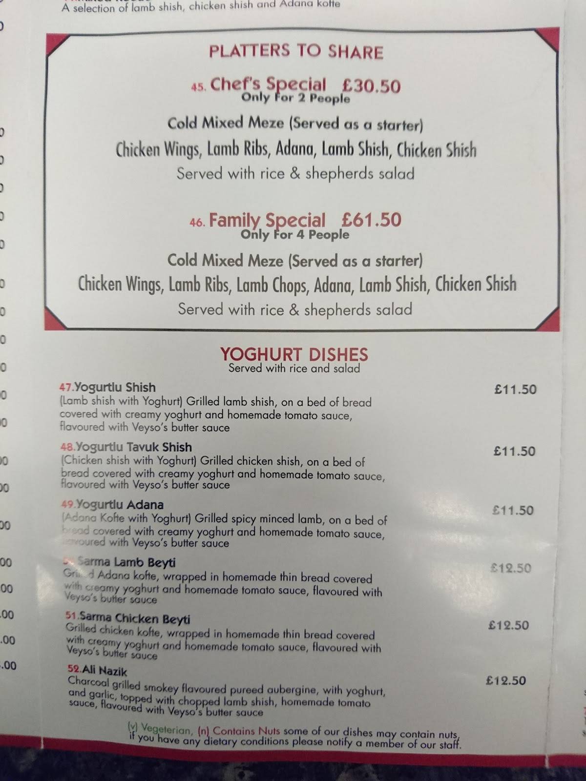 Menu at Veyso's Romford Restaurant, Romford, 19 Clockhouse Ln