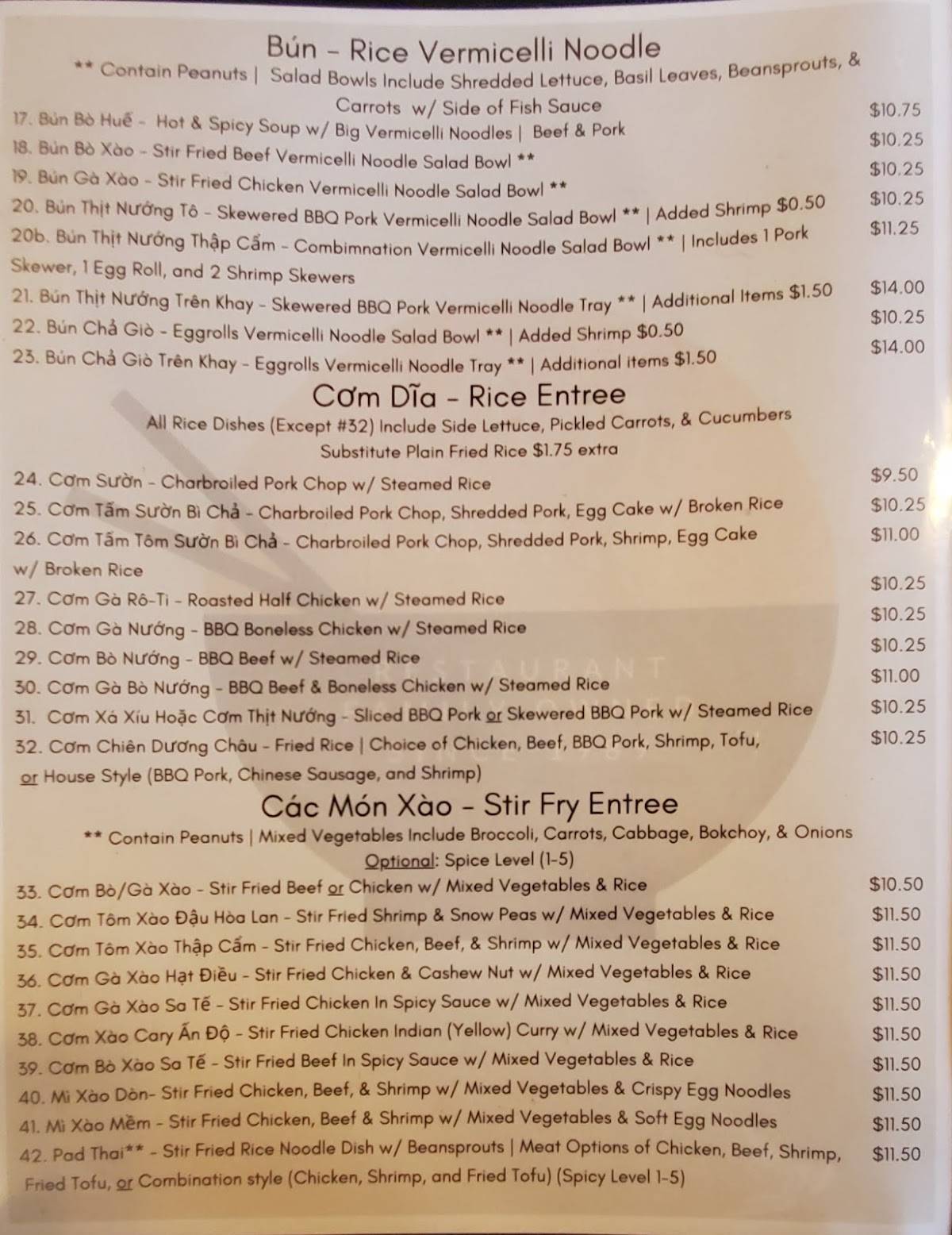 Menu at Vien Dong Restaurant, Tacoma