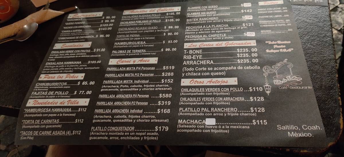 Carta de Villa de Santiago Café Restaurante, Saltillo, C. Hidalgo 160