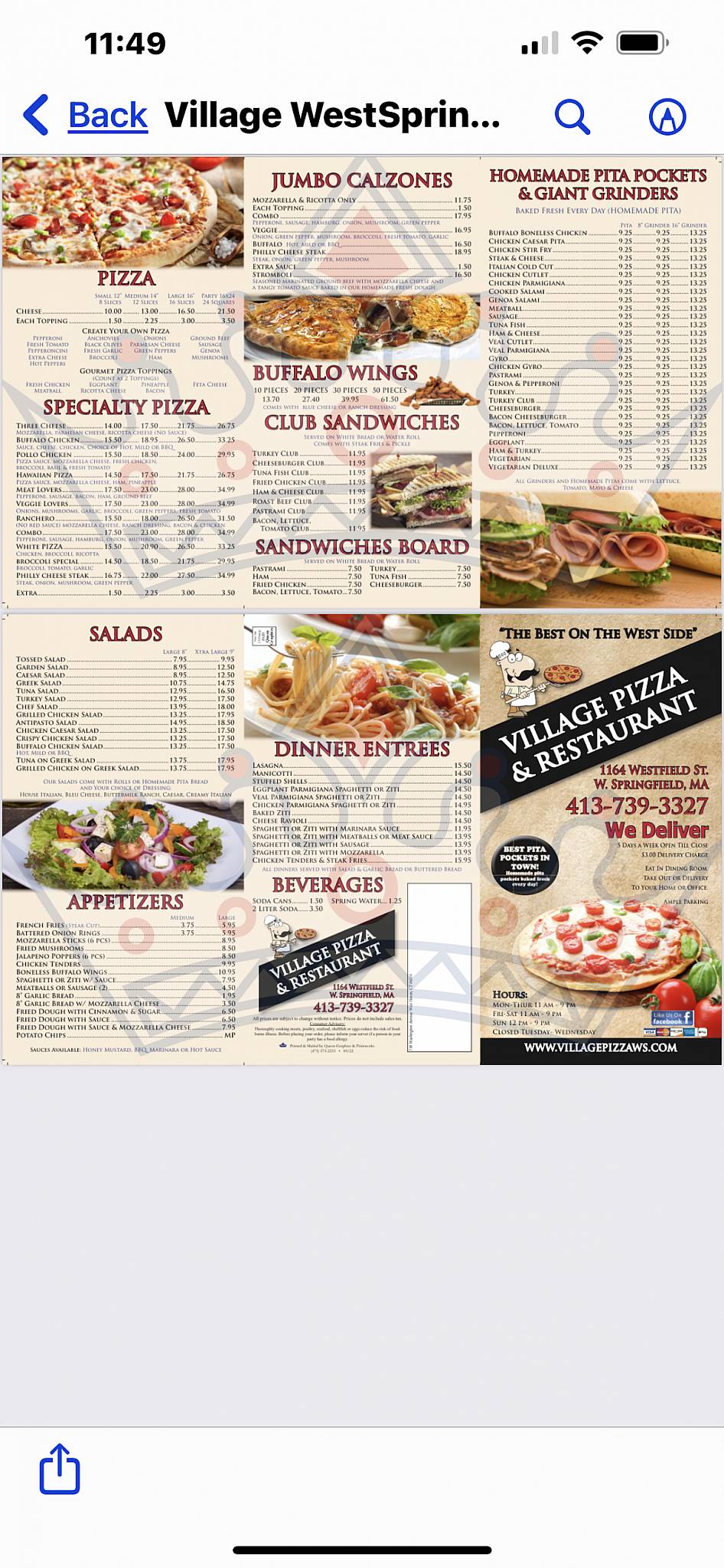 Menu at Village Pizza pizzeria, West Springfield
