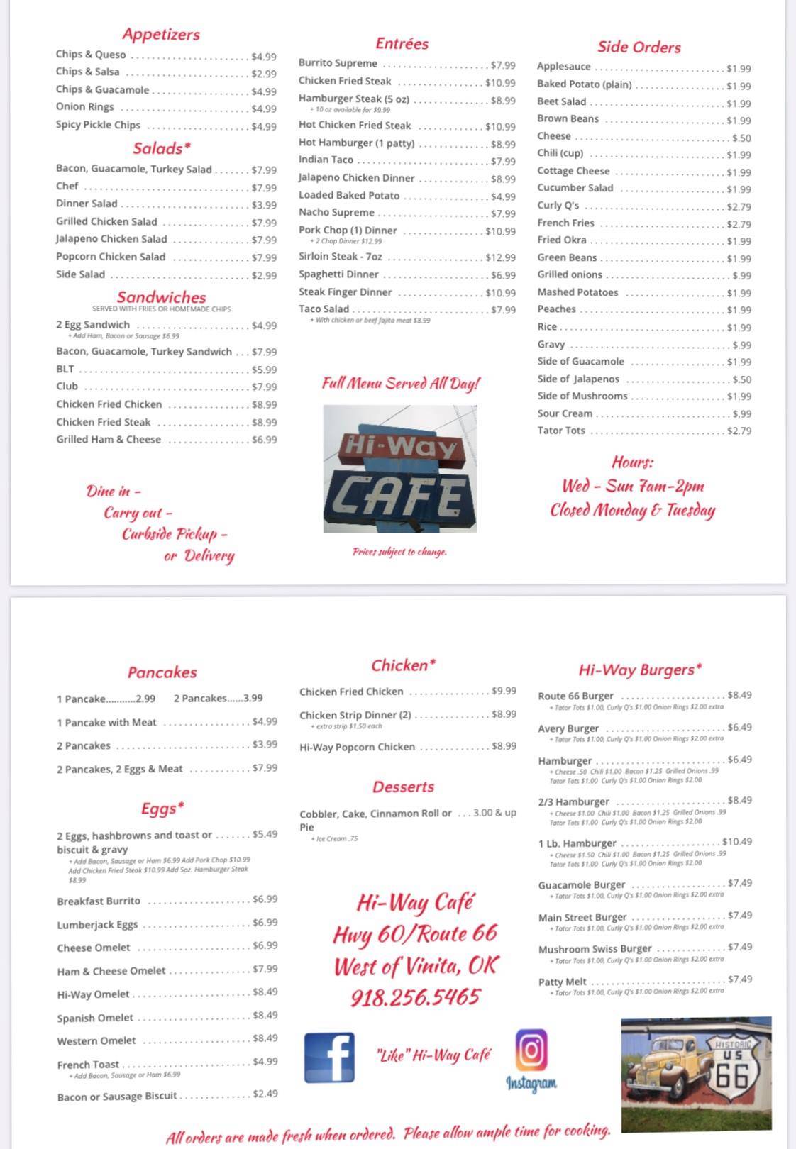 Menu at Hi-Way Cafe, Vinita, US-60