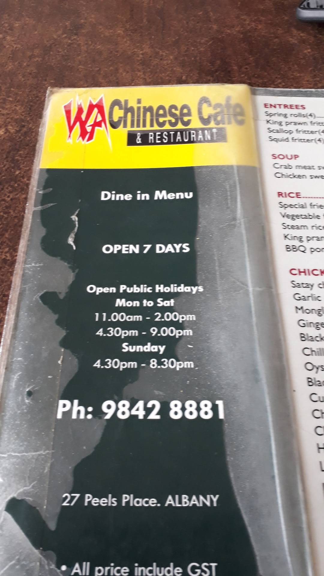Menu at WA Chinese Café & Restaurant, Albany