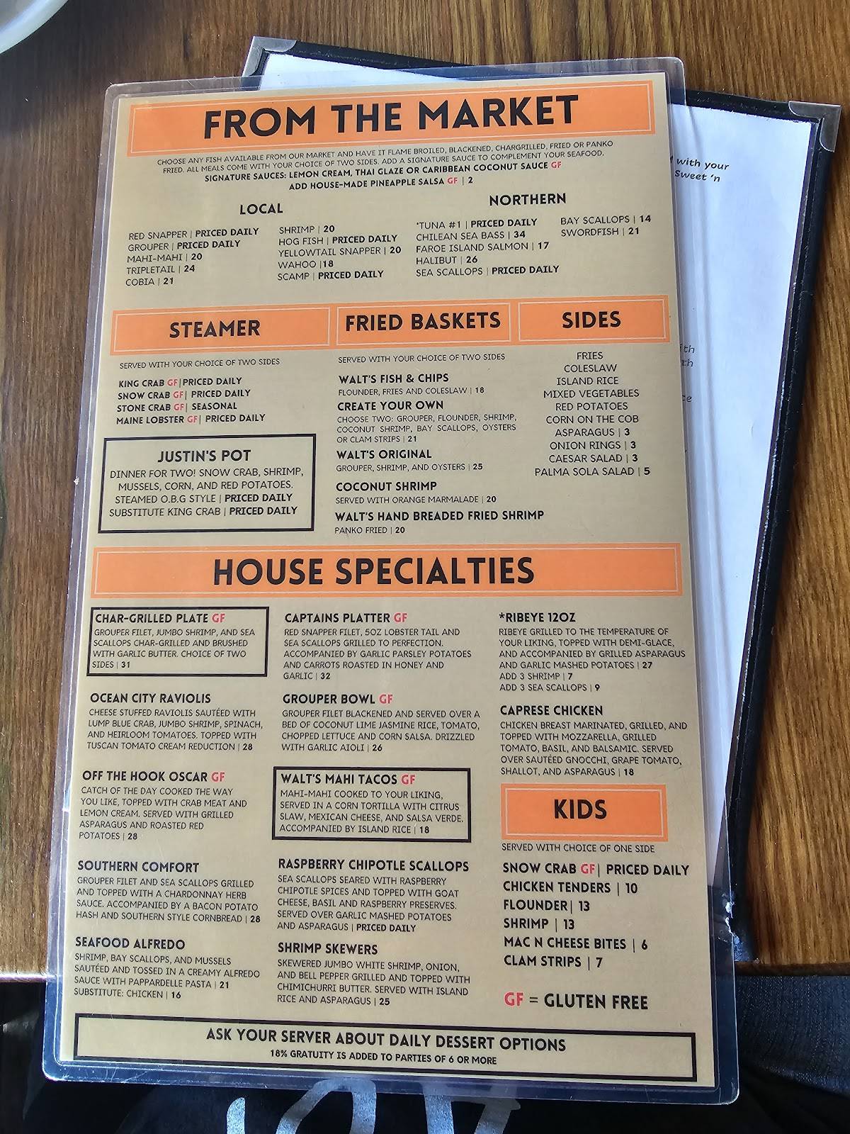 Menu at Walt's Fish Market Restaurant, Sarasota