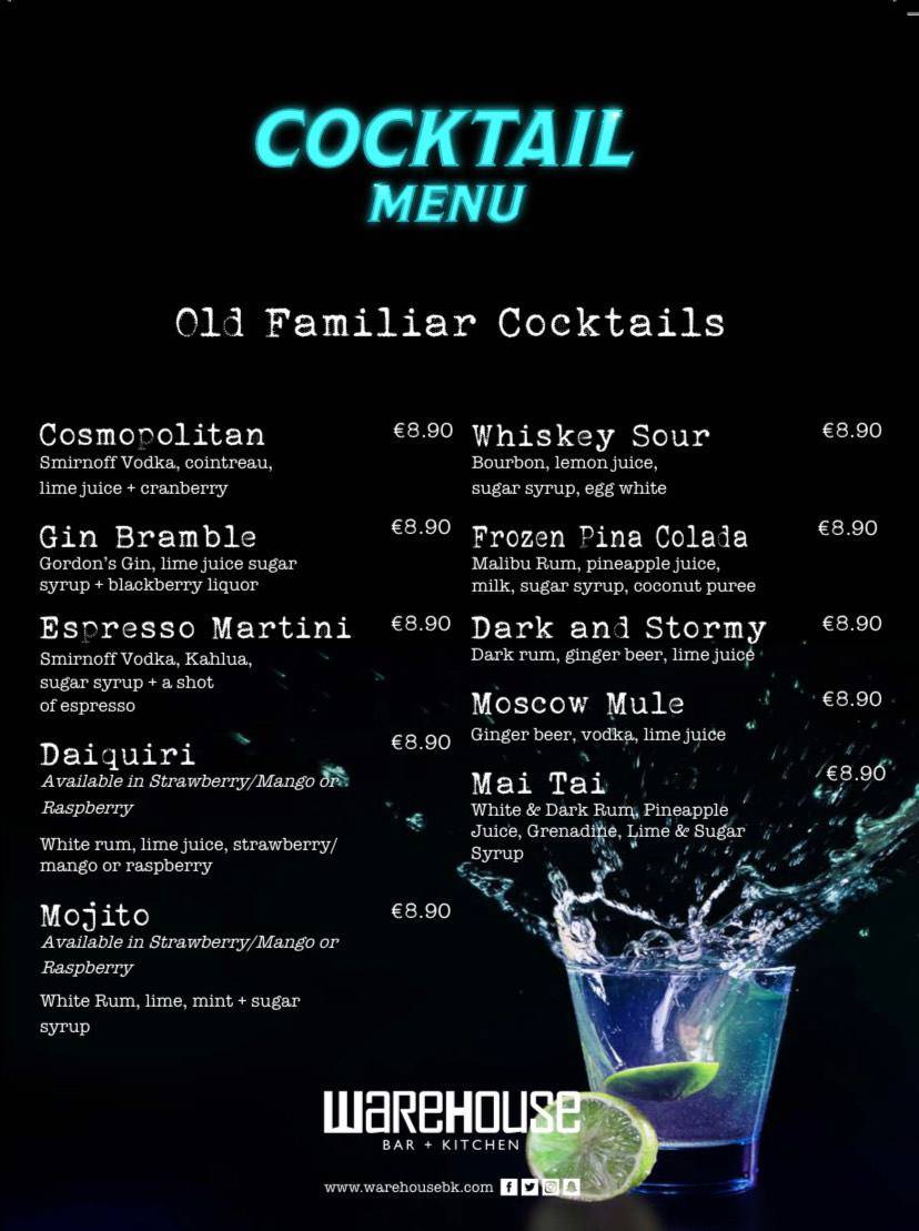 Menu at Warehouse Bar & Kitchen, Letterkenny