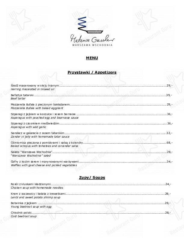 Menu at Warszawa Wschodnia restaurant, Warsaw