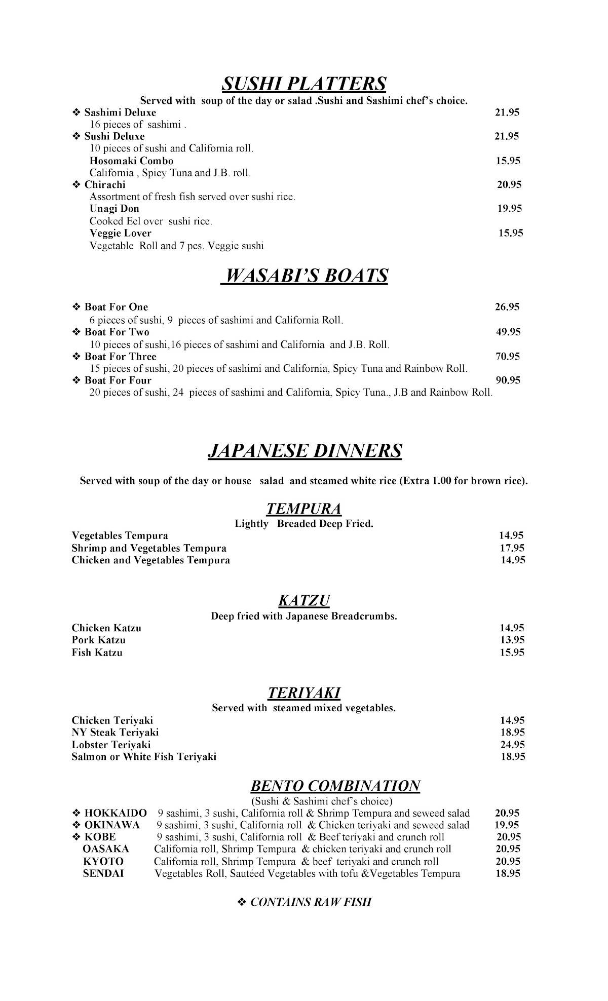 Menu at Wasabi Thai Sushi restaurant, Sebastian, US-1