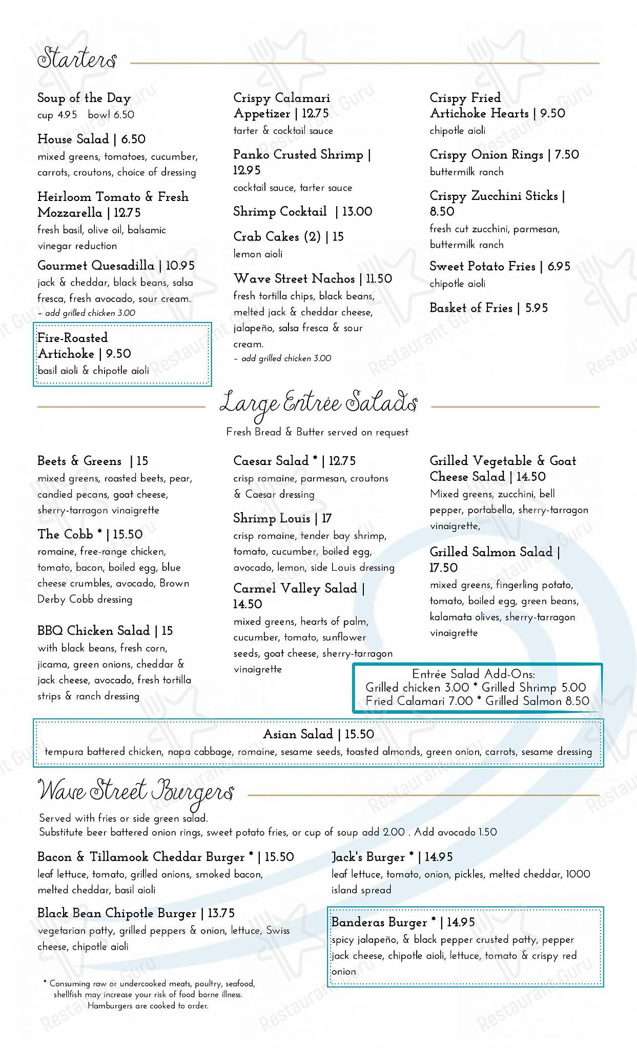 Menu at Wave Street Cafe, Monterey