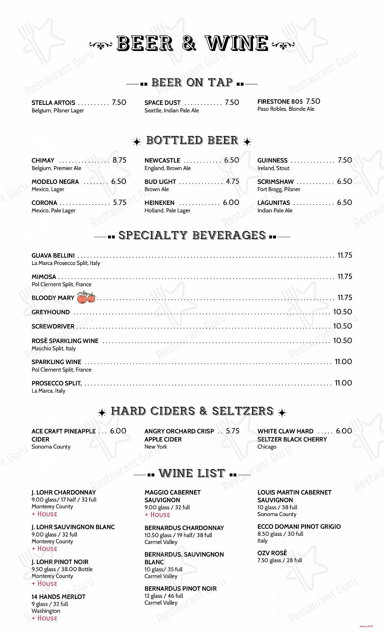 Menu at Wave Street Cafe, Monterey