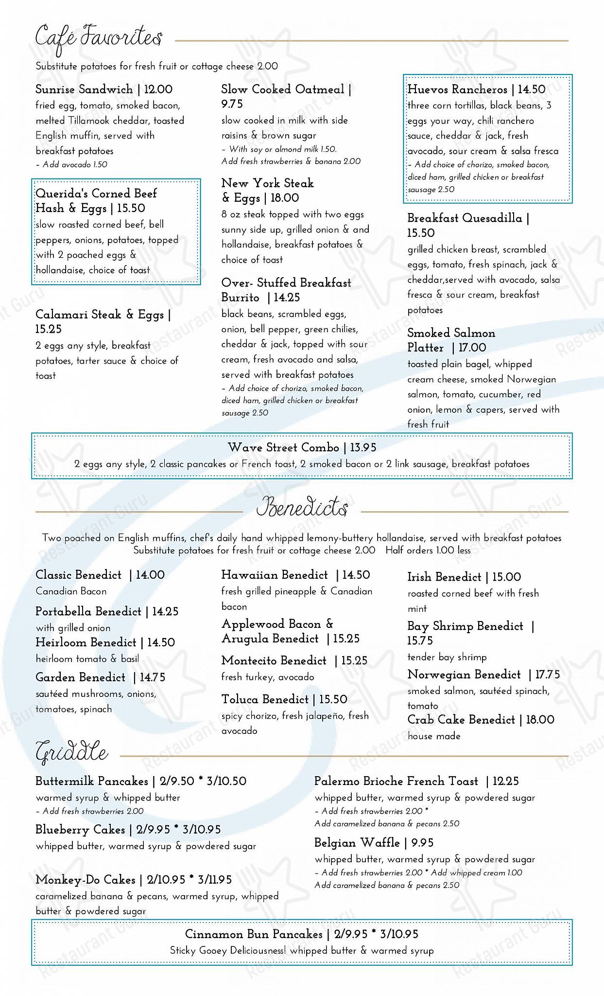 Menu at Wave Street Cafe, Monterey