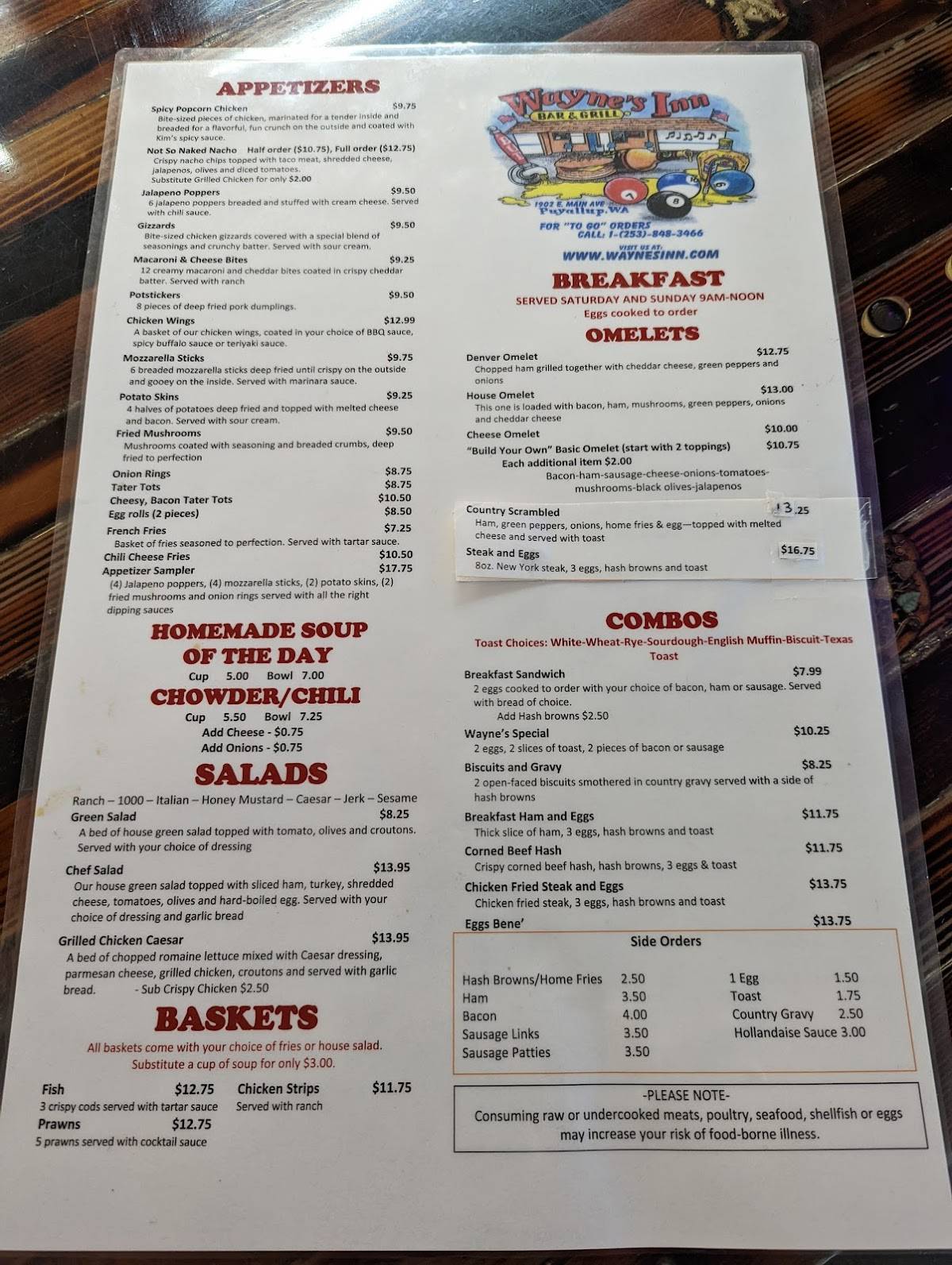 Menu at Wayne's Inn Bar & Grill, Puyallup
